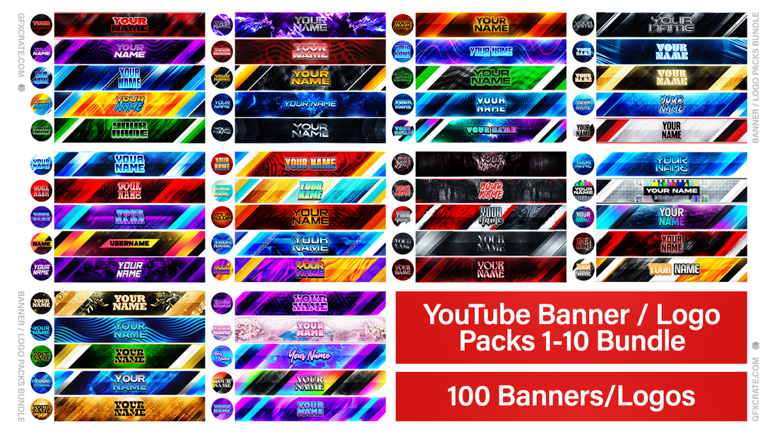 YouTube Fully Editable Banner and Logo Template Pack Bundle (100 Banne