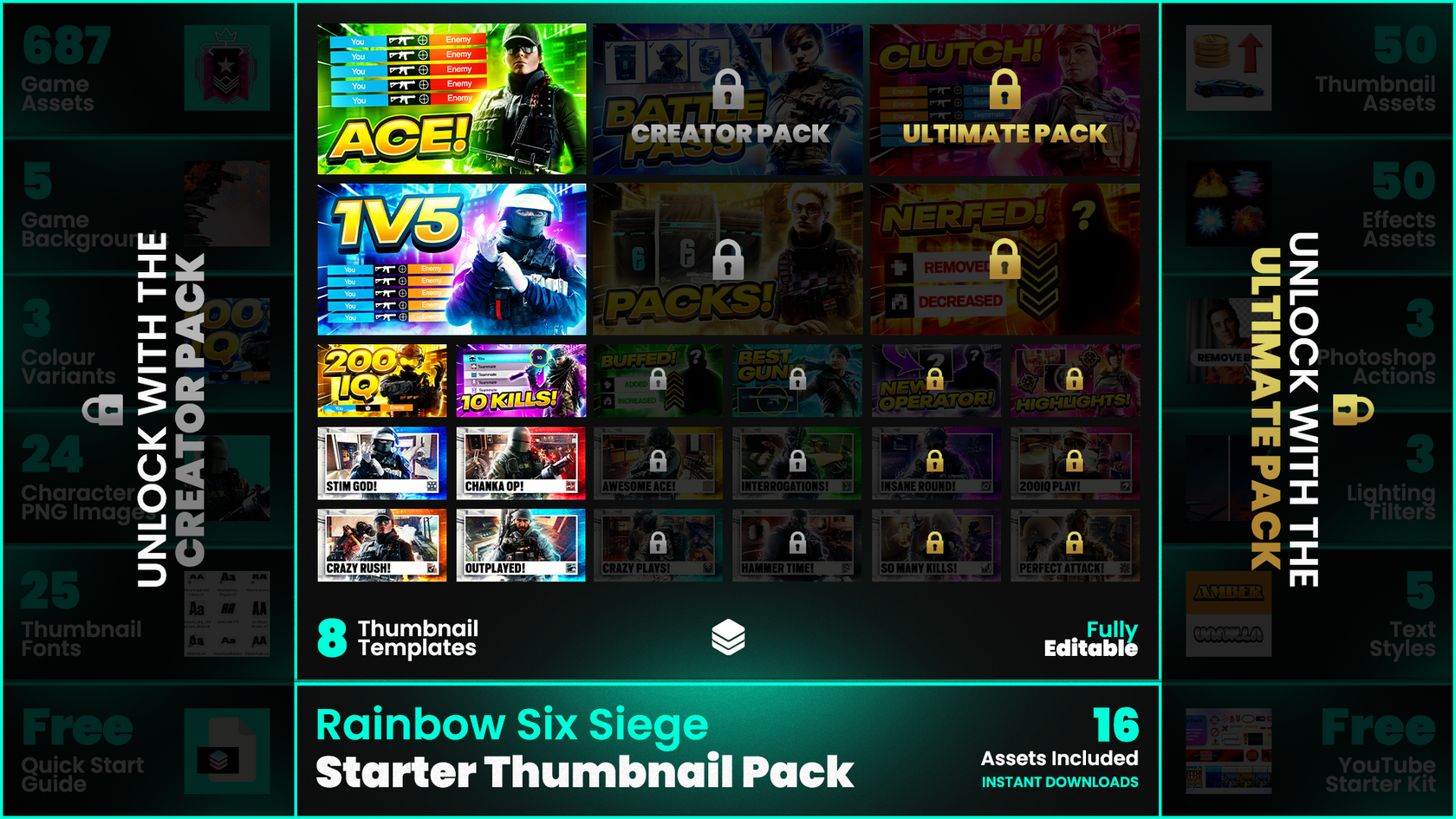 Rainbow Six Siege Fully Editable YouTube Thumbnails & Assets GFX Pack
