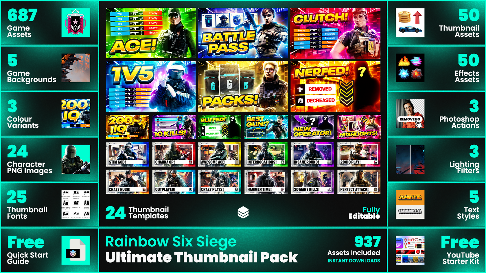 Rainbow Six Siege Fully Editable YouTube Thumbnails & Assets GFX Pack